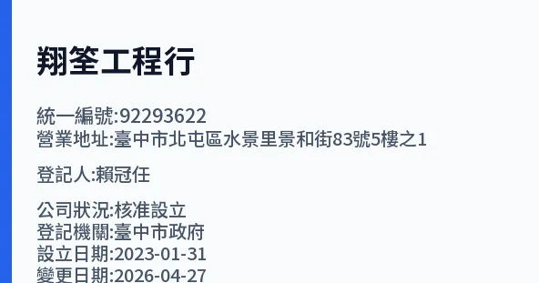 翔筌工程行的照片-統編 92293622(臺中市) 公司登記資料與營業項目詳細圖表
