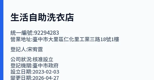 生活自助洗衣店的照片-統編 92294283(臺中市) 公司登記資料與營業項目詳細圖表