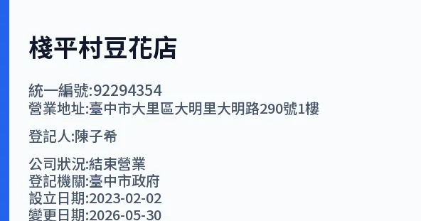 棧平村豆花店的照片-統編 92294354(臺中市) 公司登記資料與營業項目詳細圖表