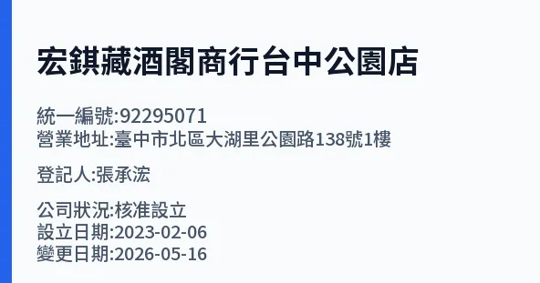 宏錤藏酒閣商行台中公園店的照片-統編 92295071(臺中市) 公司登記資料與營業項目詳細圖表
