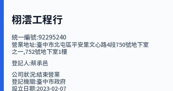 栩澐工程行的照片-統編 92295240(臺中市) 公司登記資料與營業項目詳細圖表