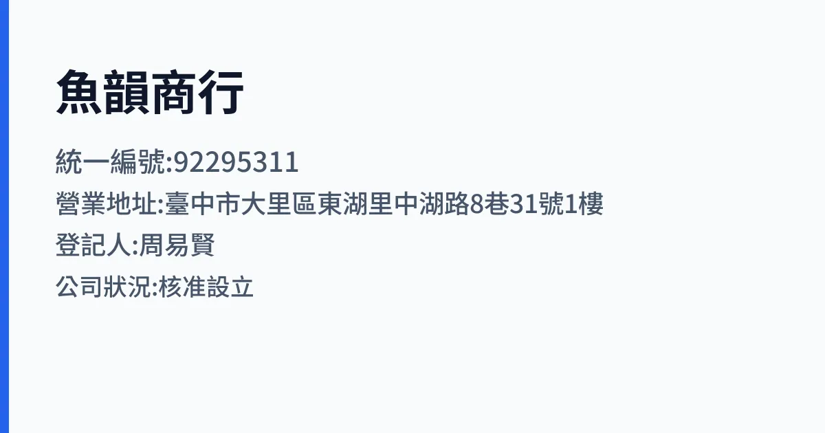 魚韻商行 - 統編 92295311(臺中市) 公司登記資料與營業項目詳細圖表