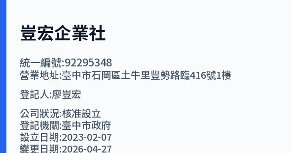 豈宏企業社的照片-統編 92295348(臺中市) 公司登記資料與營業項目詳細圖表