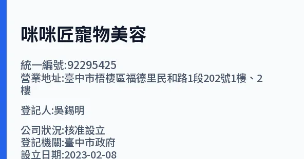 咪咪匠寵物美容的照片-統編 92295425(臺中市) 公司登記資料與營業項目詳細圖表