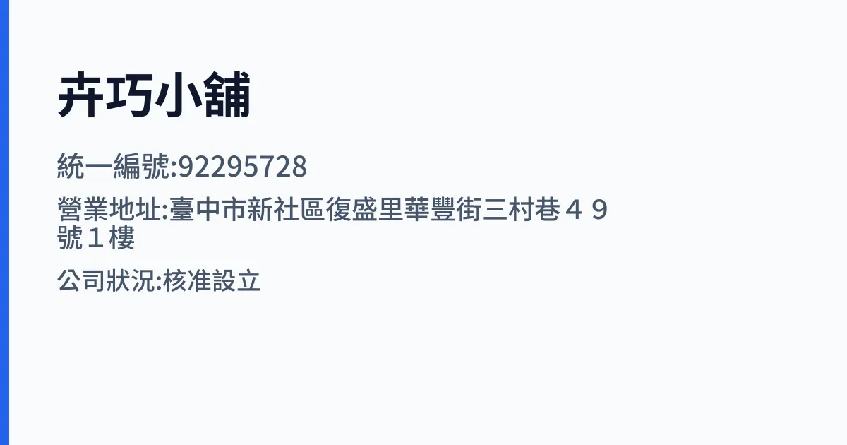 卉巧小舖 - 統編 92295728(臺中市) 公司登記資料與營業項目詳細圖表