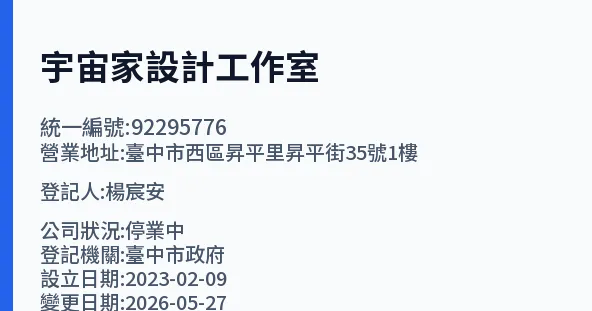 宇宙家設計工作室的照片-統編 92295776(臺中市) 公司登記資料與營業項目詳細圖表
