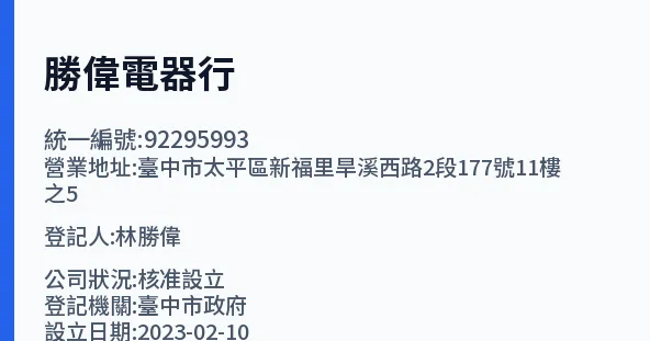 勝偉電器行的照片-統編 92295993(臺中市) 公司登記資料與營業項目詳細圖表