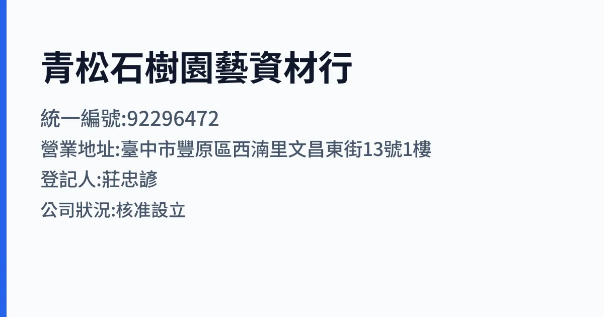 青松石樹園藝資材行 - 統編 92296472(臺中市) 公司登記資料與營業項目詳細圖表