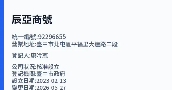 辰亞商號的照片-統編 92296655(臺中市) 公司登記資料與營業項目詳細圖表