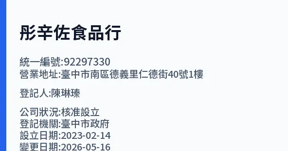 彤辛佐食品行的照片-統編 92297330(臺中市) 公司登記資料與營業項目詳細圖表