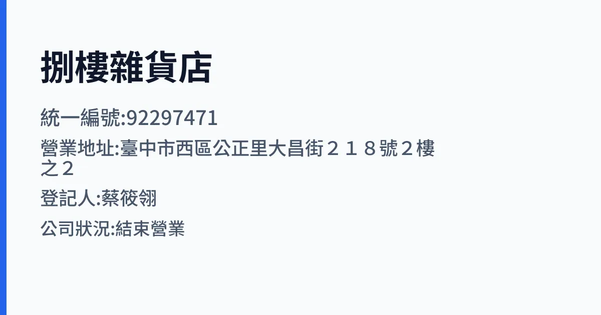 捌樓雜貨店 - 統編 92297471(臺中市) 公司登記資料與營業項目詳細圖表