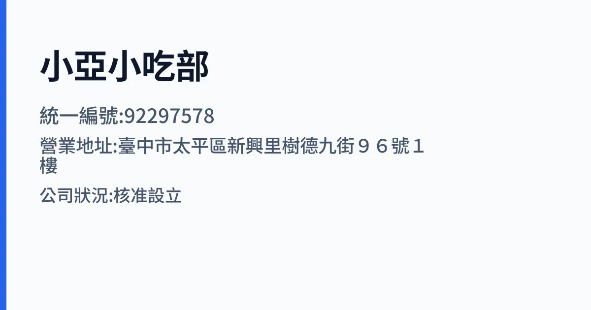 小亞小吃部 - 統編 92297578（臺中市） 公司登記資料與營業項目詳細圖表