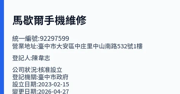 馬歇爾手機維修的照片-統編 92297599(臺中市) 公司登記資料與營業項目詳細圖表