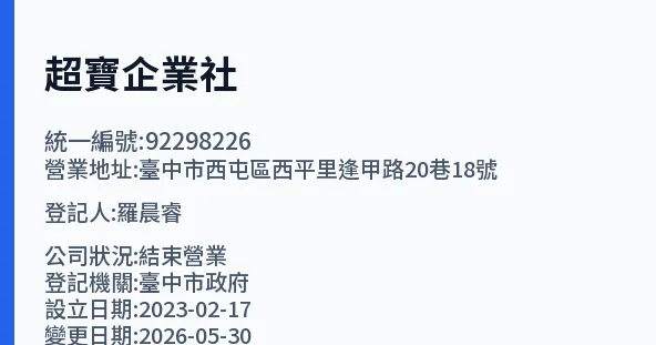 超寶企業社的照片-統編 92298226(臺中市) 公司登記資料與營業項目詳細圖表