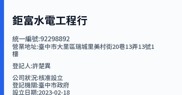 鉅富水電工程行的照片-統編 92298892(臺中市) 公司登記資料與營業項目詳細圖表