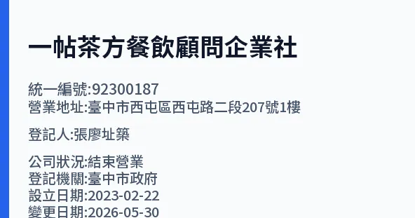 一帖茶方餐飲顧問企業社的照片-統編 92300187(臺中市) 公司登記資料與營業項目詳細圖表
