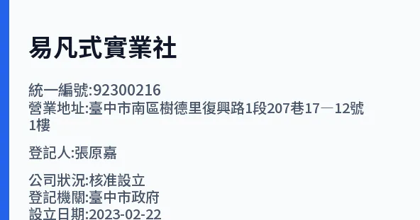 易凡式實業社的照片-統編 92300216(臺中市) 公司登記資料與營業項目詳細圖表