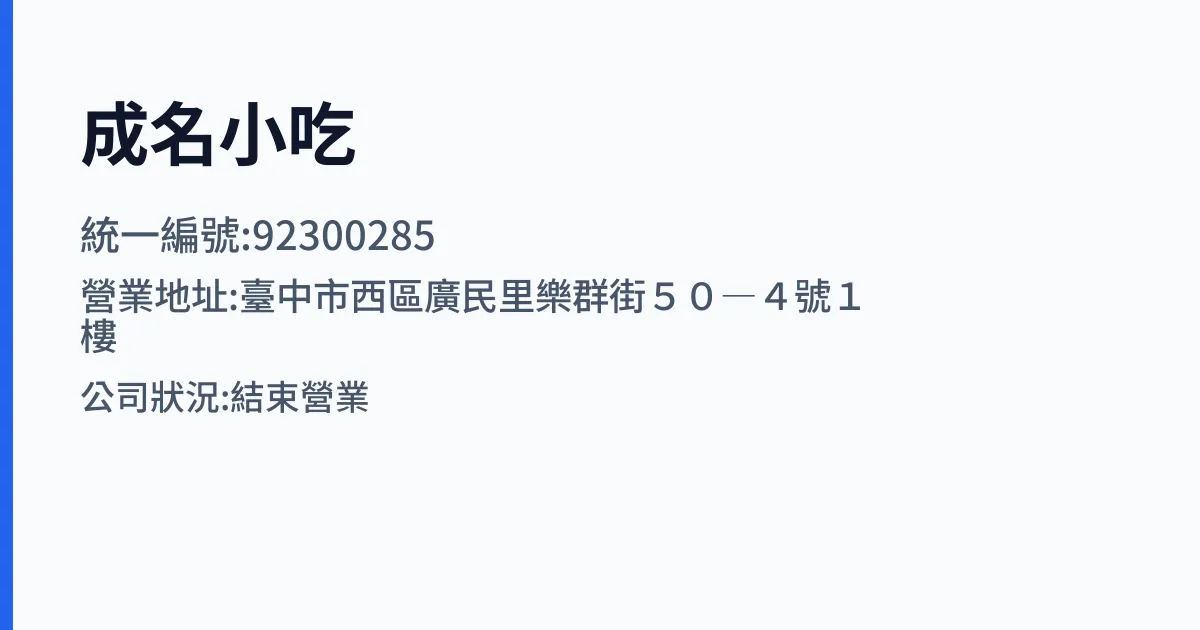 成名小吃 - 統編 92300285(臺中市) 公司登記資料與營業項目詳細圖表