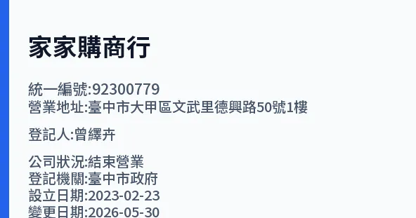 家家購商行的照片-統編 92300779(臺中市) 公司登記資料與營業項目詳細圖表