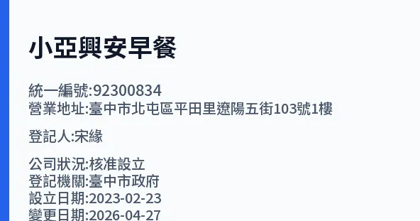 小亞興安早餐的照片-統編 92300834(臺中市) 公司登記資料與營業項目詳細圖表
