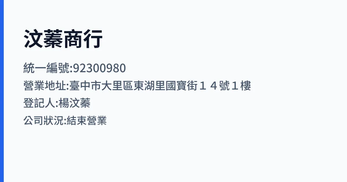 汶蓁商行 - 統編 92300980(臺中市) 公司登記資料與營業項目詳細圖表