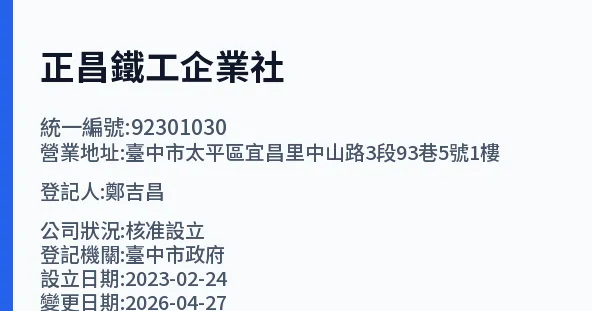 正昌鐵工企業社的照片-統編 92301030(臺中市) 公司登記資料與營業項目詳細圖表