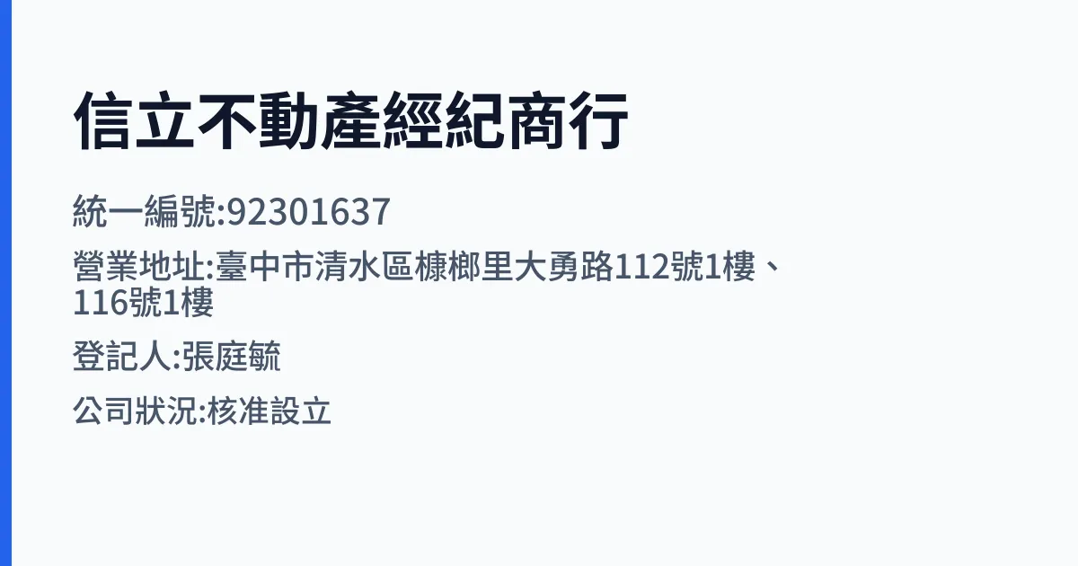 信立不動產經紀商行 - 統編 92301637(臺中市) 公司登記資料與營業項目詳細圖表