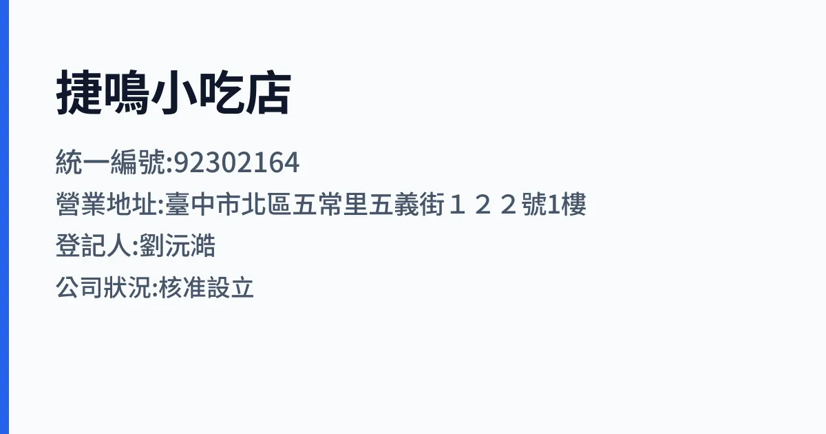 捷鳴小吃店 - 統編 92302164(臺中市) 公司登記資料與營業項目詳細圖表