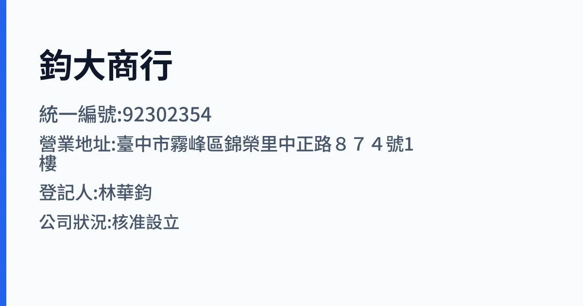 鈞大商行 - 統編 92302354(臺中市) 公司登記資料與營業項目詳細圖表