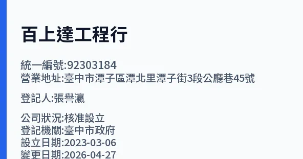 百上達工程行的照片-統編 92303184(臺中市) 公司登記資料與營業項目詳細圖表