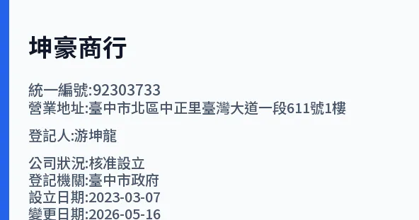 坤豪商行的照片-統編 92303733(臺中市) 公司登記資料與營業項目詳細圖表