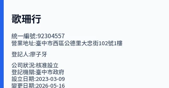 歌珊行的照片-統編 92304557(臺中市) 公司登記資料與營業項目詳細圖表