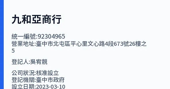 九和亞商行的照片-統編 92304965(臺中市) 公司登記資料與營業項目詳細圖表