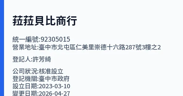 菈菈貝比商行的照片-統編 92305015(臺中市) 公司登記資料與營業項目詳細圖表