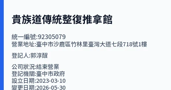 貴族道傳統整復推拿館的照片-統編 92305079(臺中市) 公司登記資料與營業項目詳細圖表