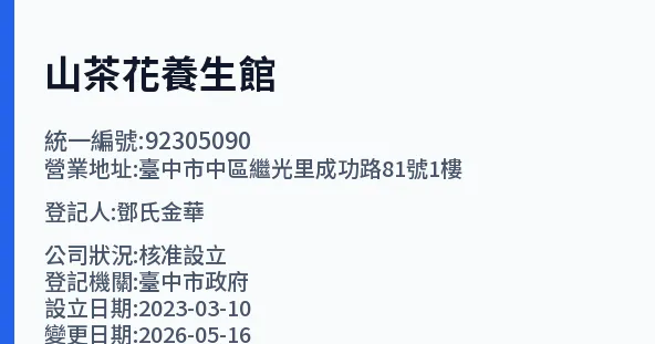 山茶花養生館的照片-統編 92305090(臺中市) 公司登記資料與營業項目詳細圖表
