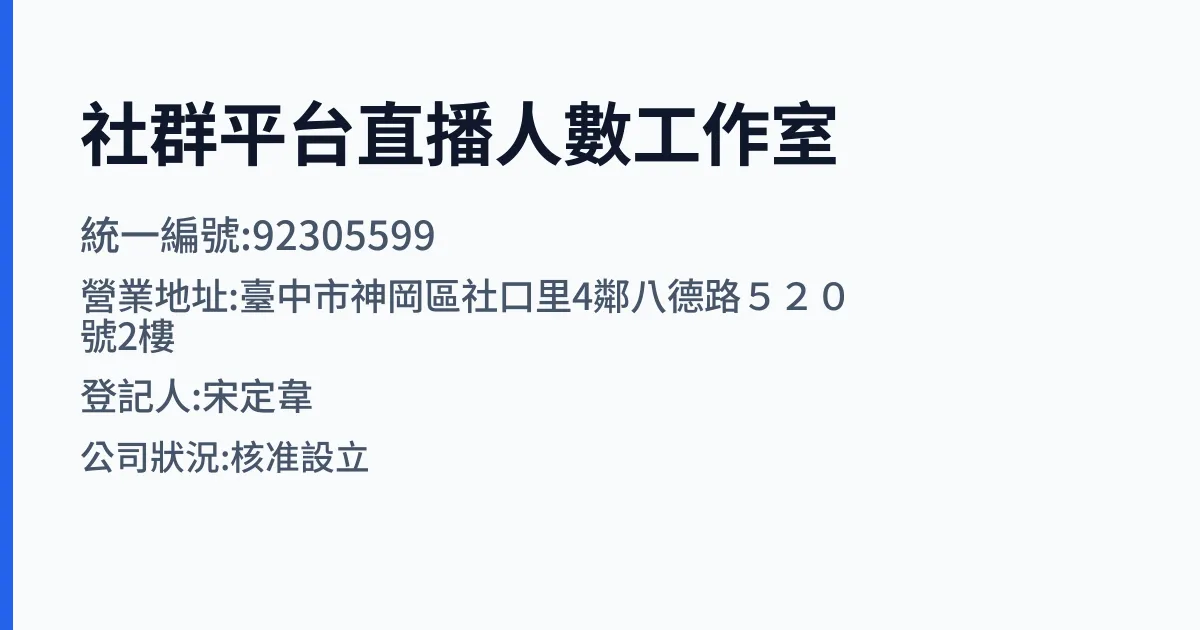 社群平台直播人數工作室 - 統編 92305599(臺中市) 公司登記資料與營業項目詳細圖表