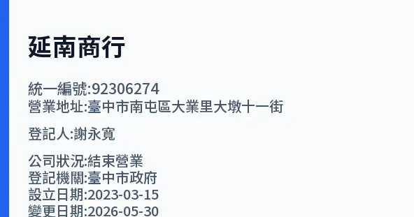 延南商行的照片-統編 92306274(臺中市) 公司登記資料與營業項目詳細圖表
