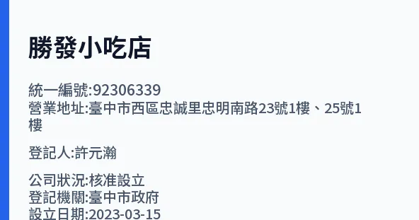 勝發小吃店的照片-統編 92306339(臺中市) 公司登記資料與營業項目詳細圖表