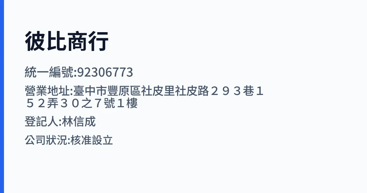 彼比商行 - 統編 92306773(臺中市) 公司登記資料與營業項目詳細圖表