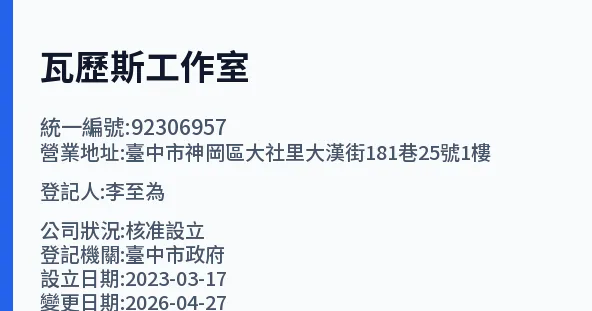 瓦歷斯工作室的照片-統編 92306957(臺中市) 公司登記資料與營業項目詳細圖表