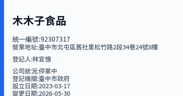 木木子食品的照片-統編 92307317(臺中市) 公司登記資料與營業項目詳細圖表