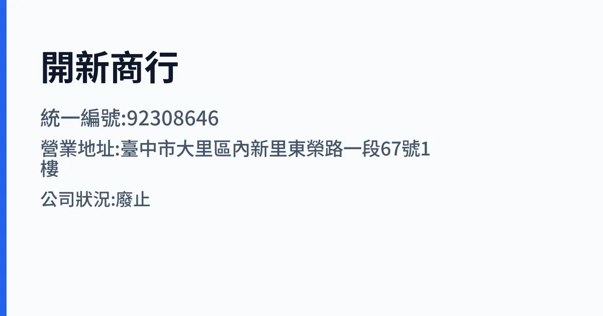 開新商行 - 統編 92308646（臺中市） 公司登記資料與營業項目詳細圖表