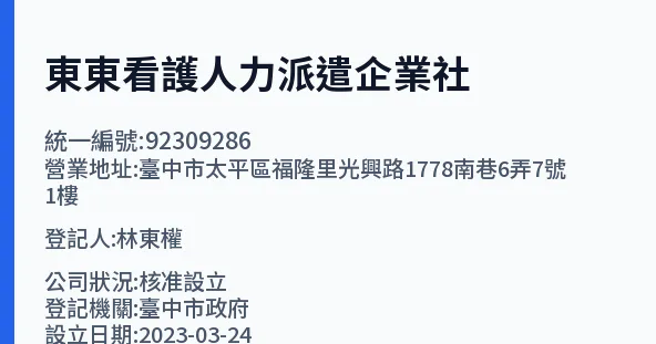 東東看護人力派遣企業社的照片-統編 92309286(臺中市) 公司登記資料與營業項目詳細圖表