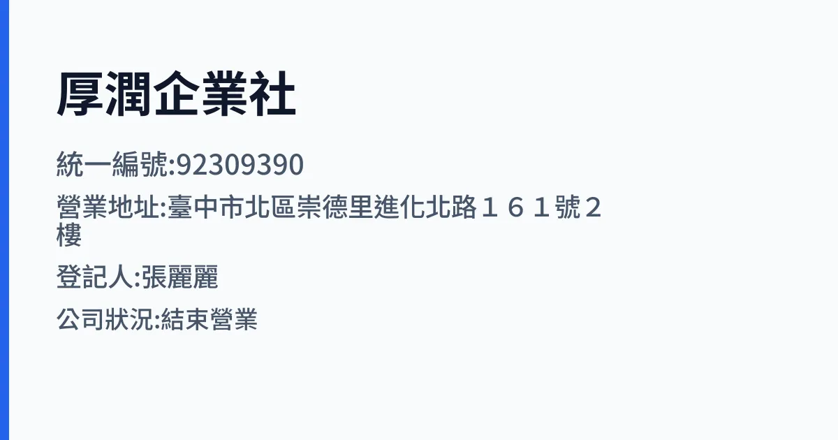 厚潤企業社 - 統編 92309390（臺中市） 公司登記資料與營業項目詳細圖表