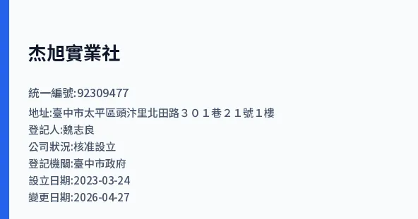 杰旭實業社的照片-統編 92309477(臺中市) 公司登記資料與營業項目詳細圖表