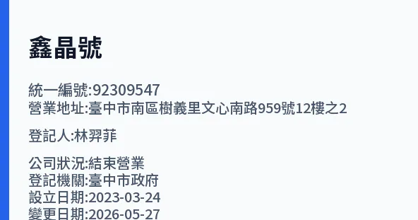 鑫晶號的照片-統編 92309547(臺中市) 公司登記資料與營業項目詳細圖表