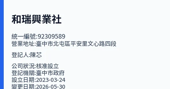 和瑞興業社的照片-統編 92309589(臺中市) 公司登記資料與營業項目詳細圖表