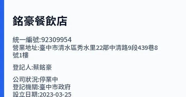 銘豪餐飲店的照片-統編 92309954(臺中市) 公司登記資料與營業項目詳細圖表