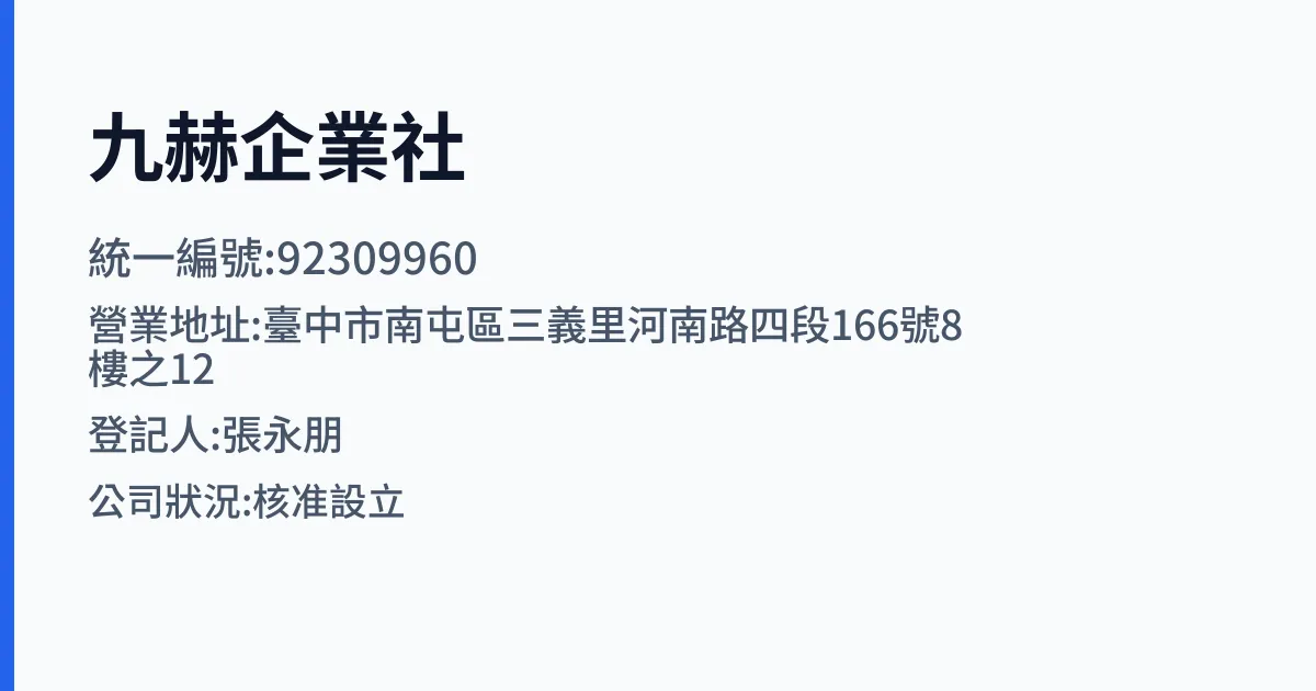 九赫企業社 - 統編 92309960(臺中市) 公司登記資料與營業項目詳細圖表